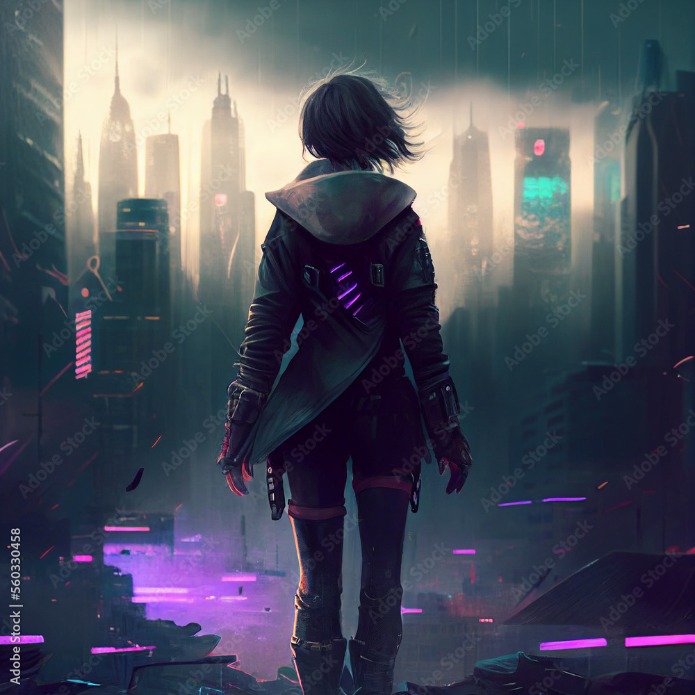 Cyberpunk character in futuristic urban city facing rear side ...