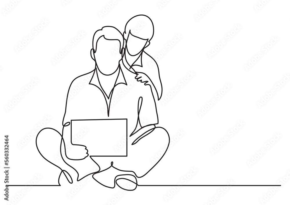 continuous line drawing father and son watching tablet - PNG image with ...