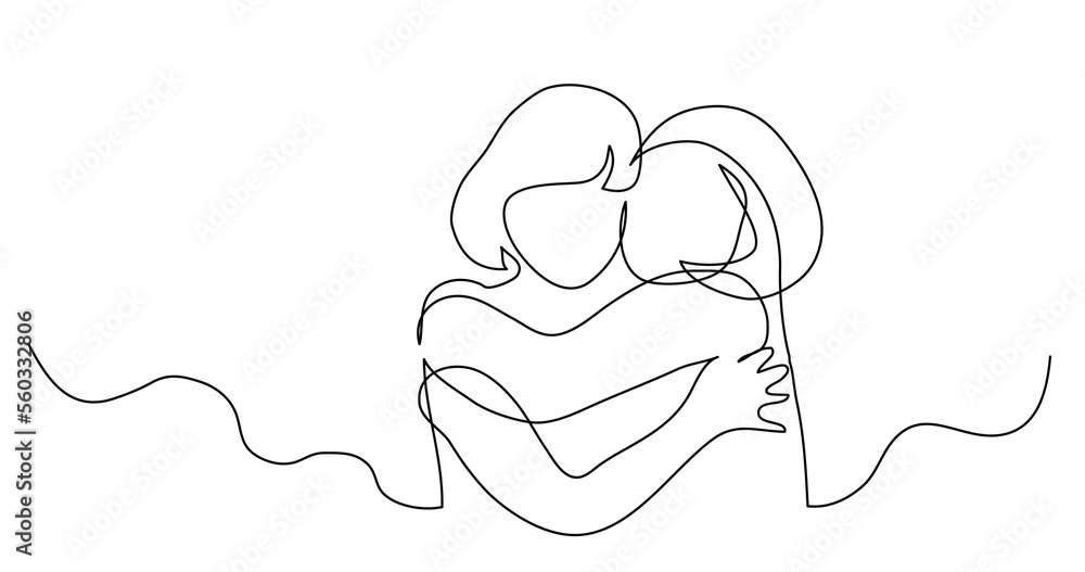 continuous line drawing of two girls hugging each other - PNG image ...