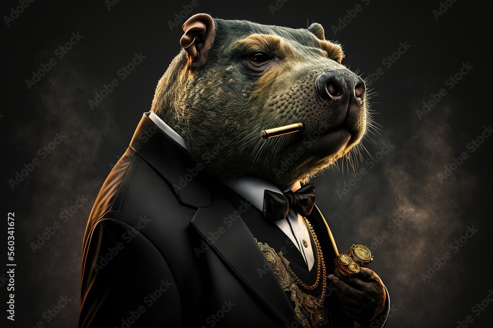 Gangster animal in a black three-piece suit and smoking golden cigar ...