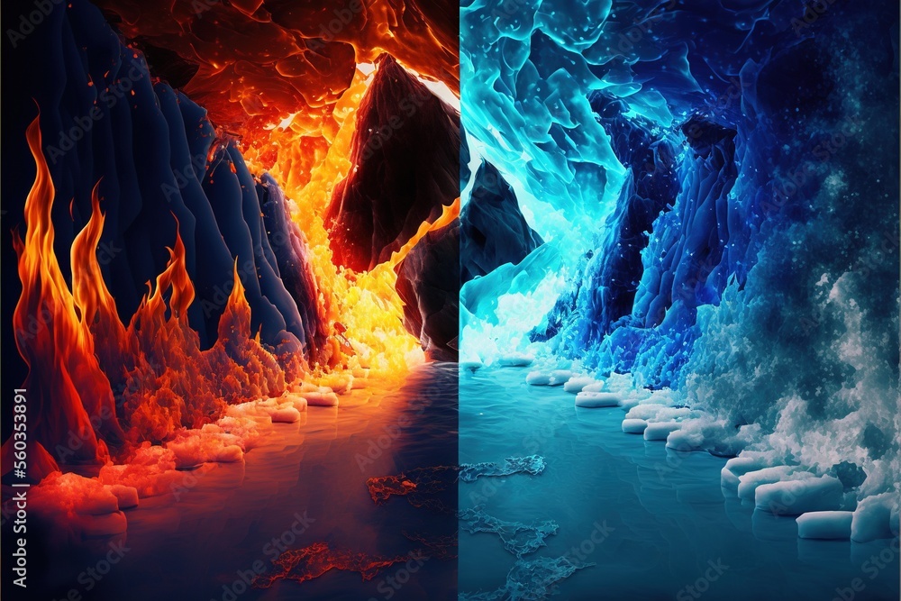Illustrazione stock di a painting of a fire and ice cave with water and ...