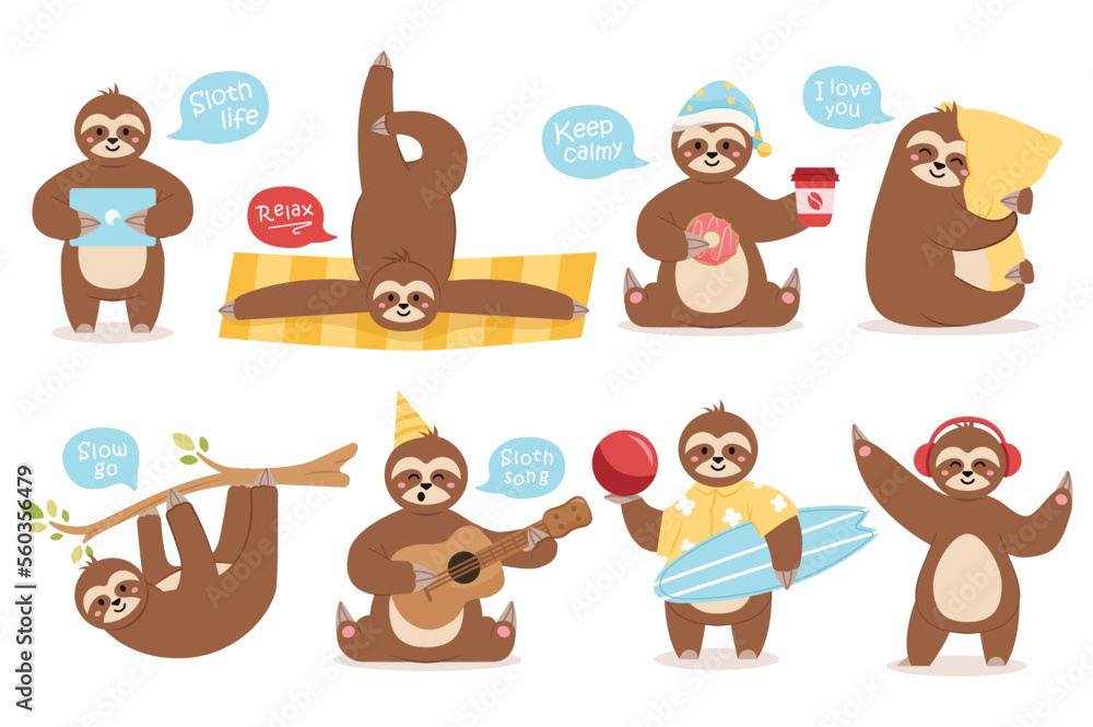 Sloths set concept without people scene in the flat cartoon style. The ...