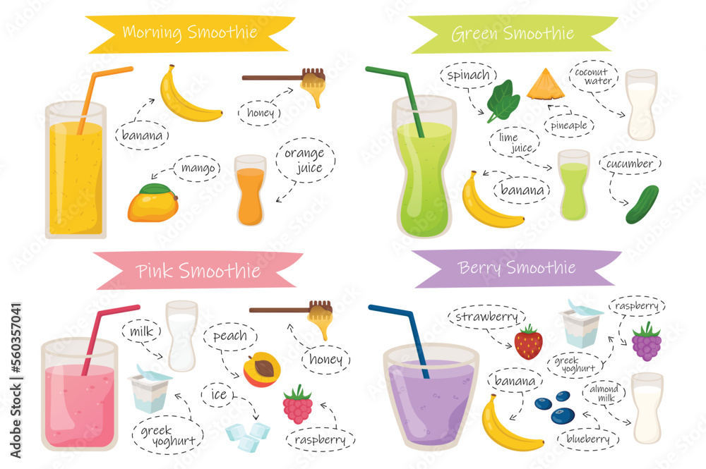 Smoothie drink recipe set concept without people scene in the flat ...