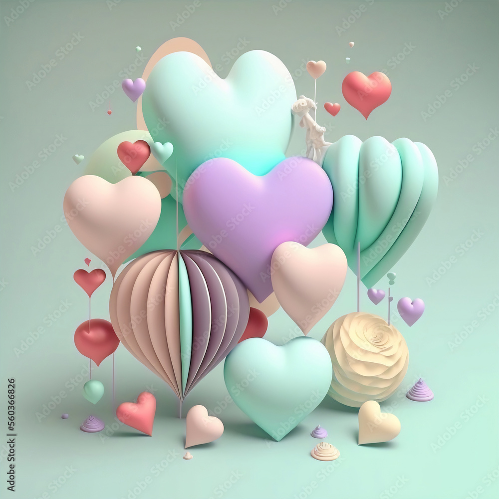 3D Render, Clay Modeling of Soft Pastel Color Heart Shape Balloons ...