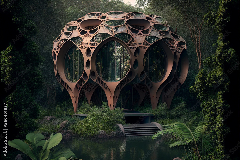 Eco green architecture solarpunk futuristic building in forest ...