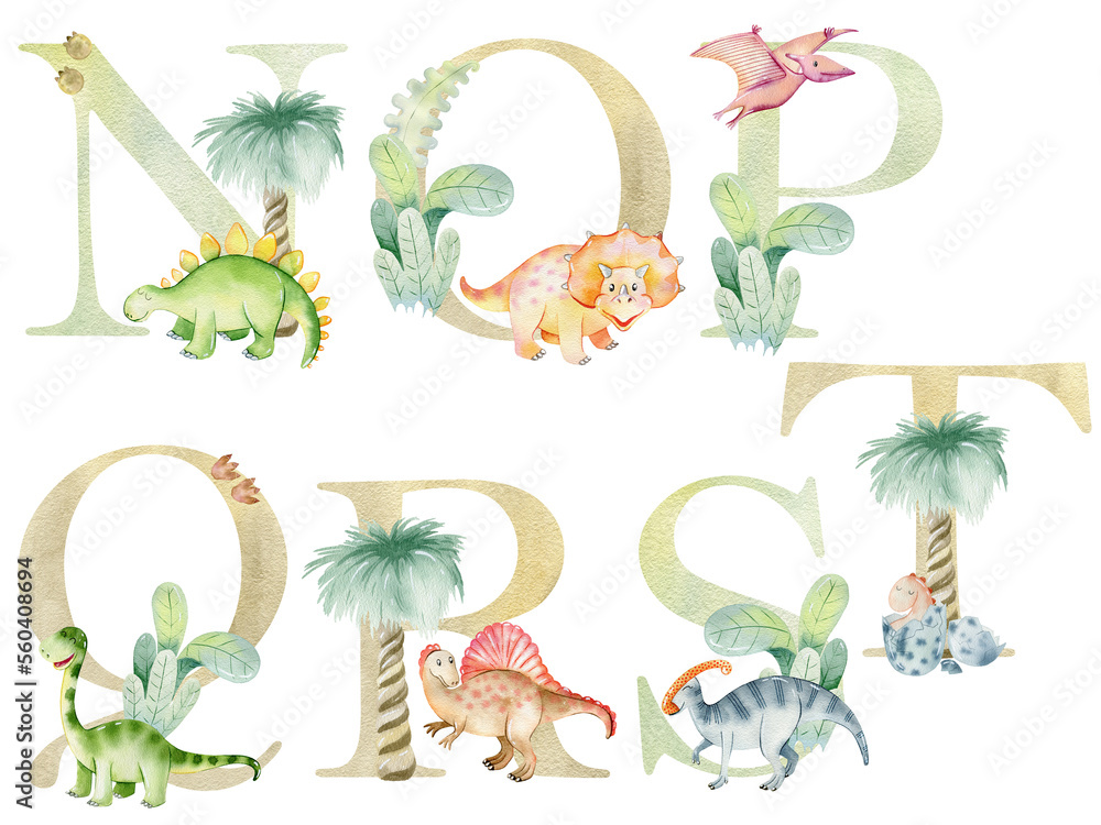 Watercolor dinosaurs letters for invitation card, nursery poster and ...