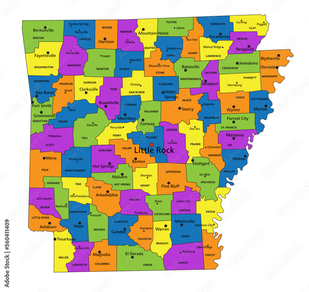 Colorful Arkansas political map with clearly labeled, separated layers ...