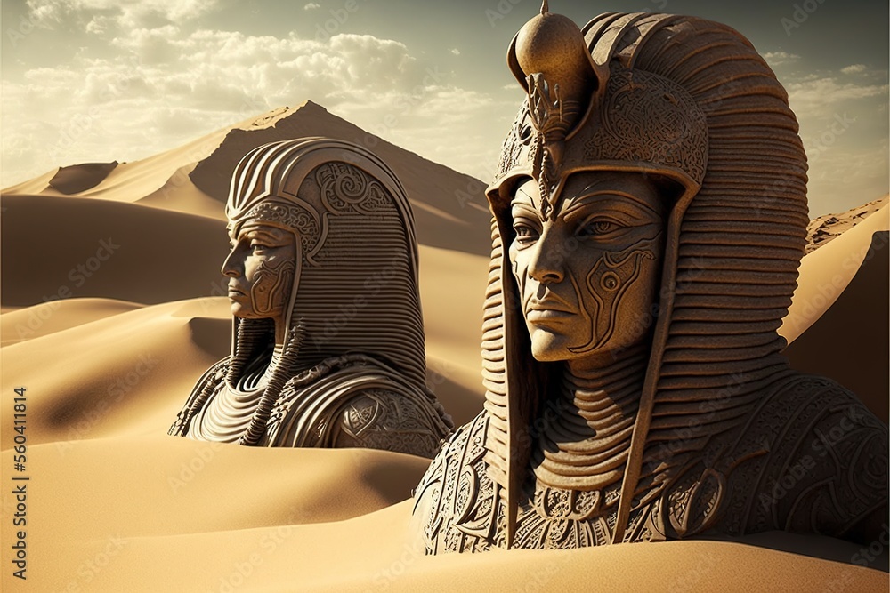 Ancient Egyptian statue in the desert. Ancient pharaohs and warriors in ...
