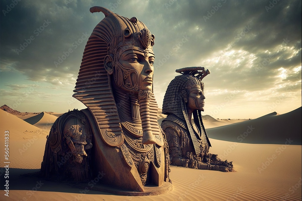 Ancient Egyptian statue in the desert. Ancient pharaohs and warriors in ...
