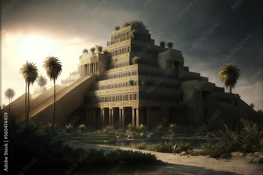Architecture of Ancient Babylon, ancient temple, neon illumination ...