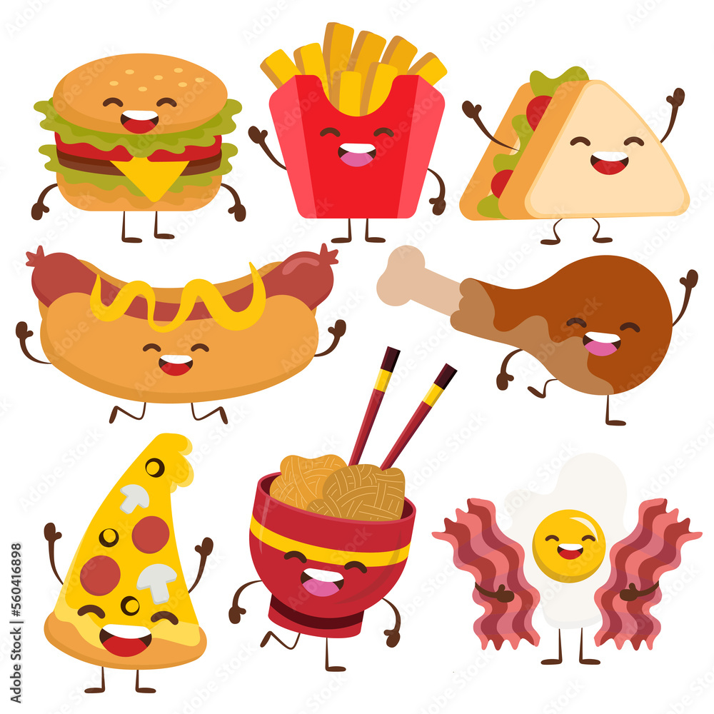 Cute cartoon Burger, Fries, Sandwich, Hotdog, Chicken, Pizza, Noodle ...