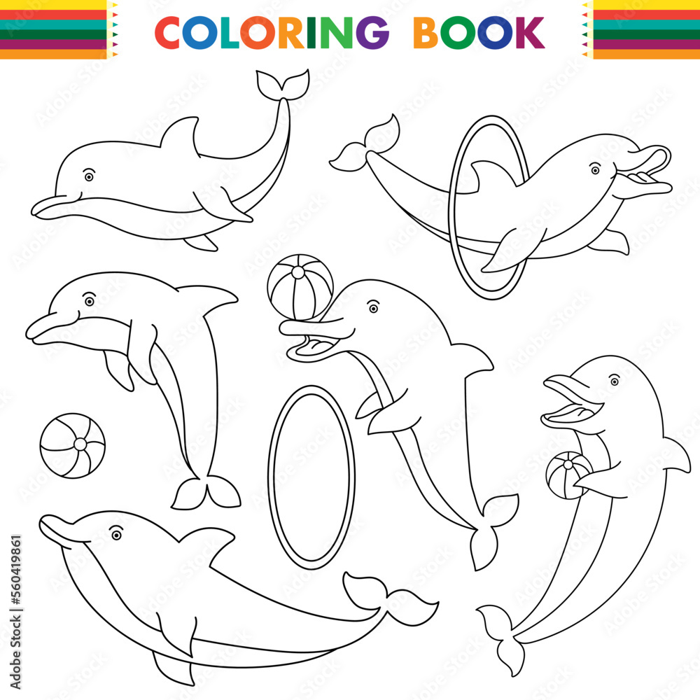 Dolphin Coloring Page Colored Illustration Stock Vector | Adobe Stock