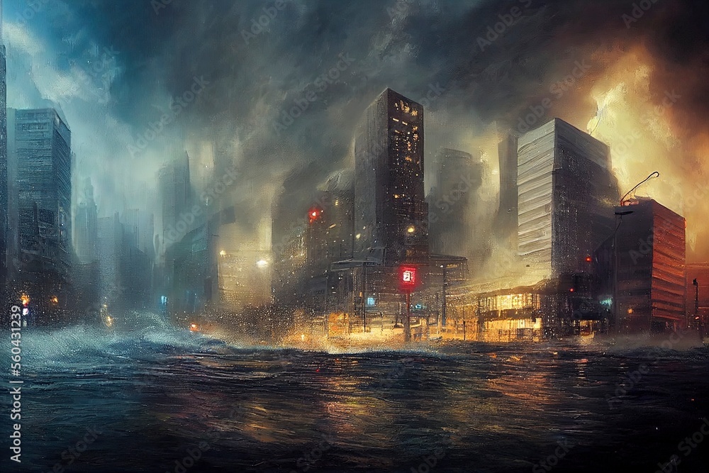 Ilustración de Stock Tsunami ocean waves flood a modern city with ...