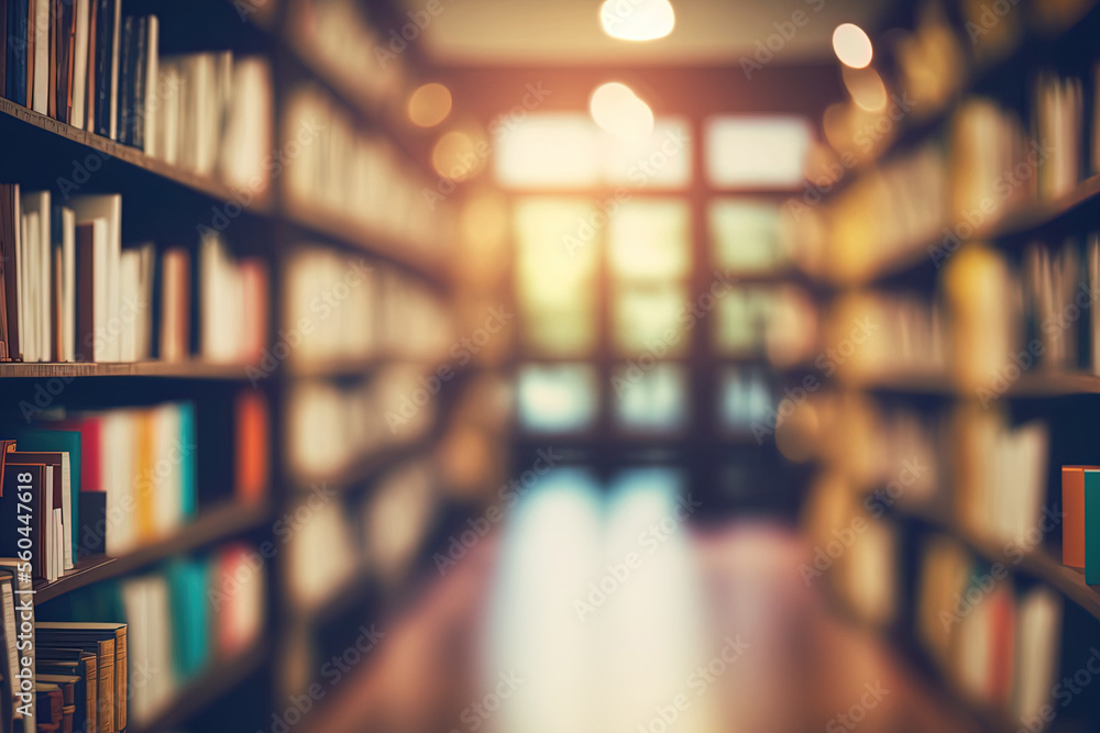 Abstract blurred empty college library interior space. Blurry classroom ...