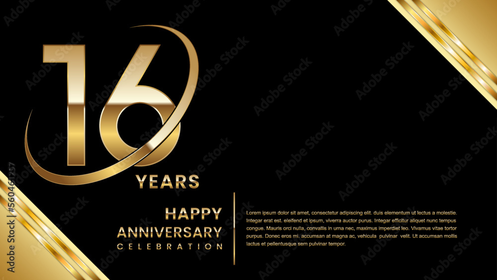 16th Anniversary Celebration. Template design with gold color for ...