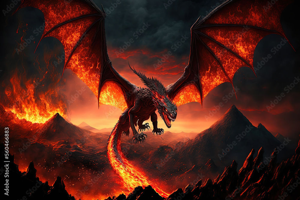 Fire breathes explode from a giant dragon in a black night, the epic ...