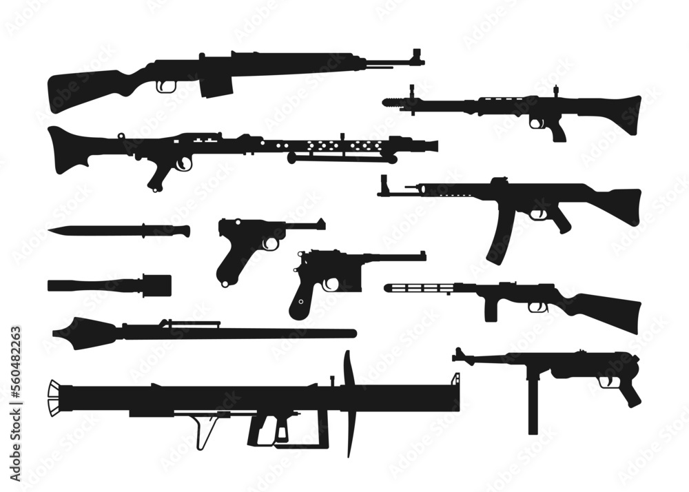 World war weapon silhouettes. Isolated WW2 germany gun. Black template ...