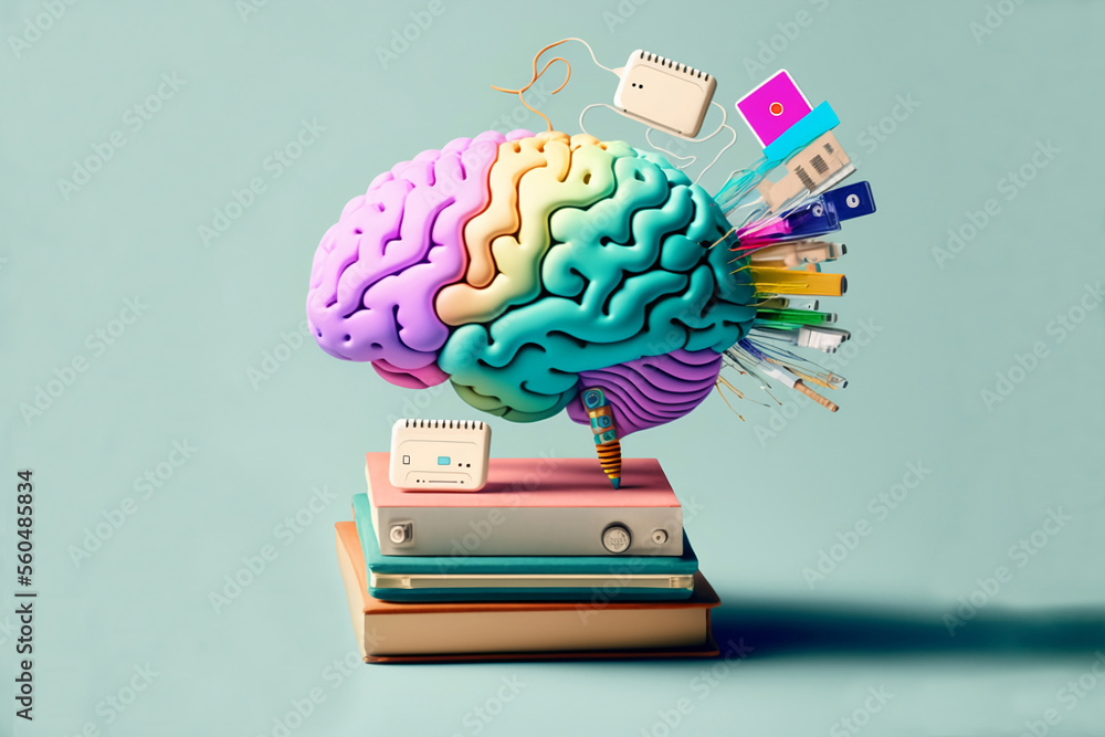 Generative AI illustration of conceptual art collage of brain on books representing science and ...