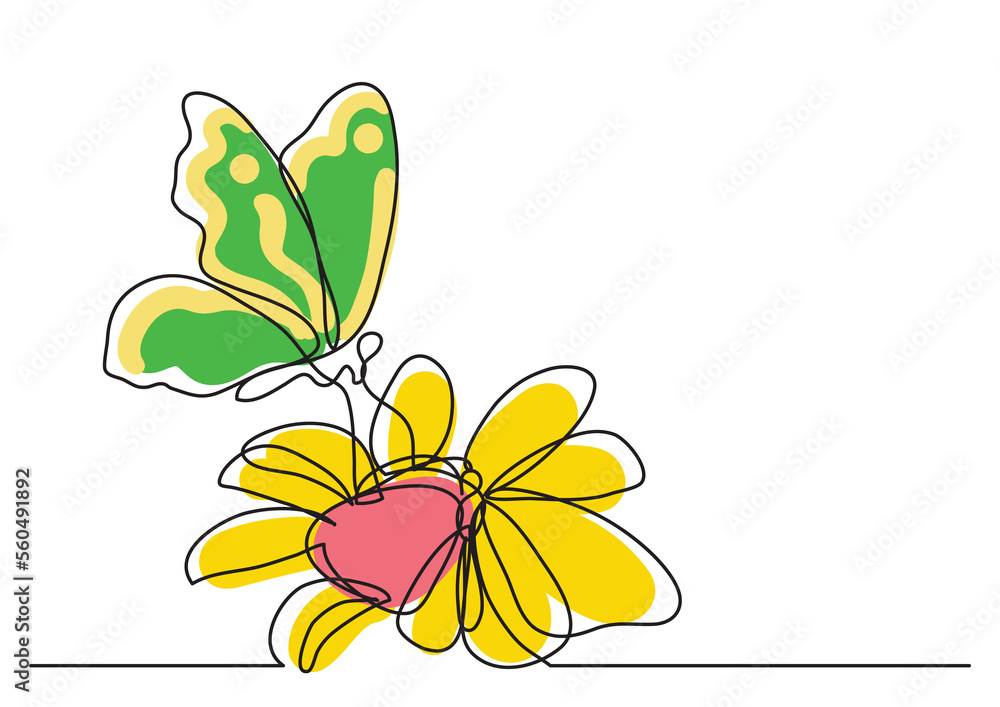 continuous line drawing two butterflies on flowers colored - PNG image ...