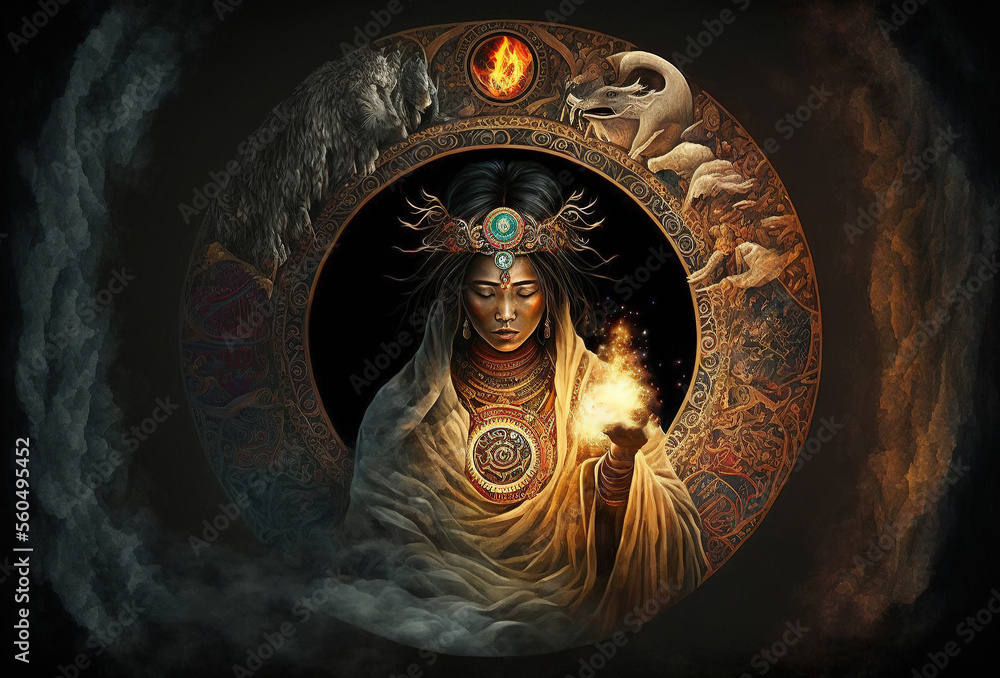 Wise young female shaman guards the yin-yang portal of the universe ...