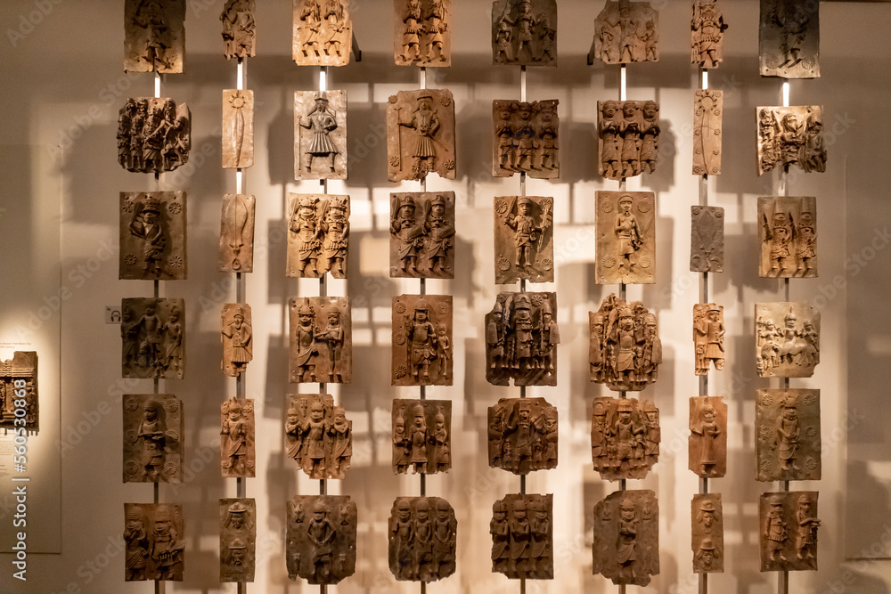 Display of Benin Bronzes at the British Museum in London, UK. Metal ...