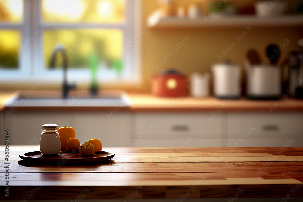 Kitchen table background. Empty wooden desk or board with blur home ...