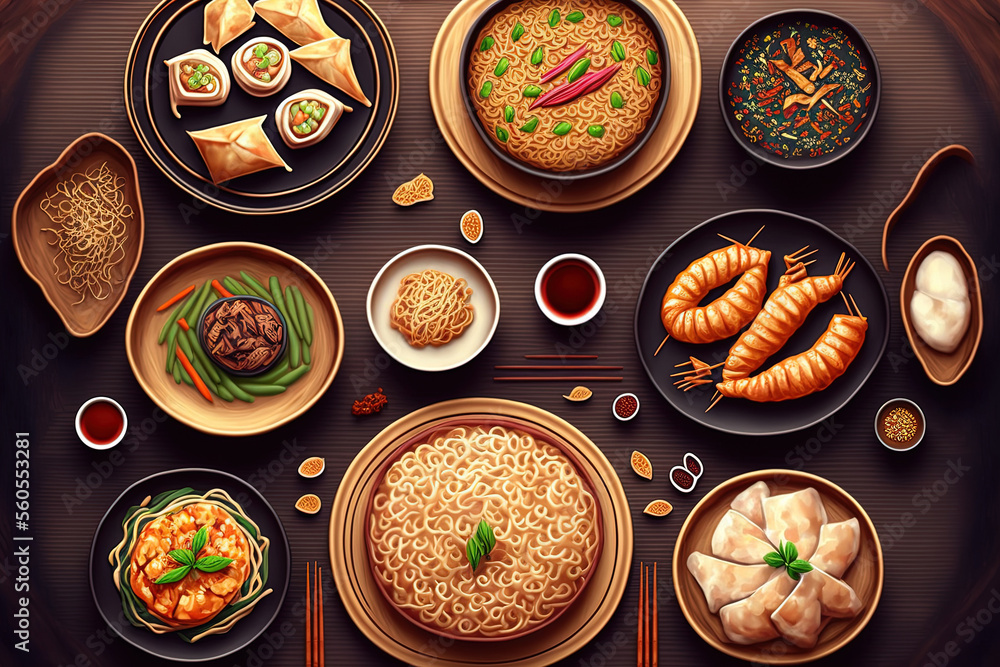 Assorted Chinese food set. Chinese noodles, fried rice, dumplings ...