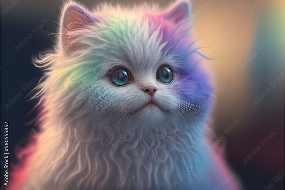 cute fluffy rainbow baby cat kitten, smiling, kids pastel color ...
