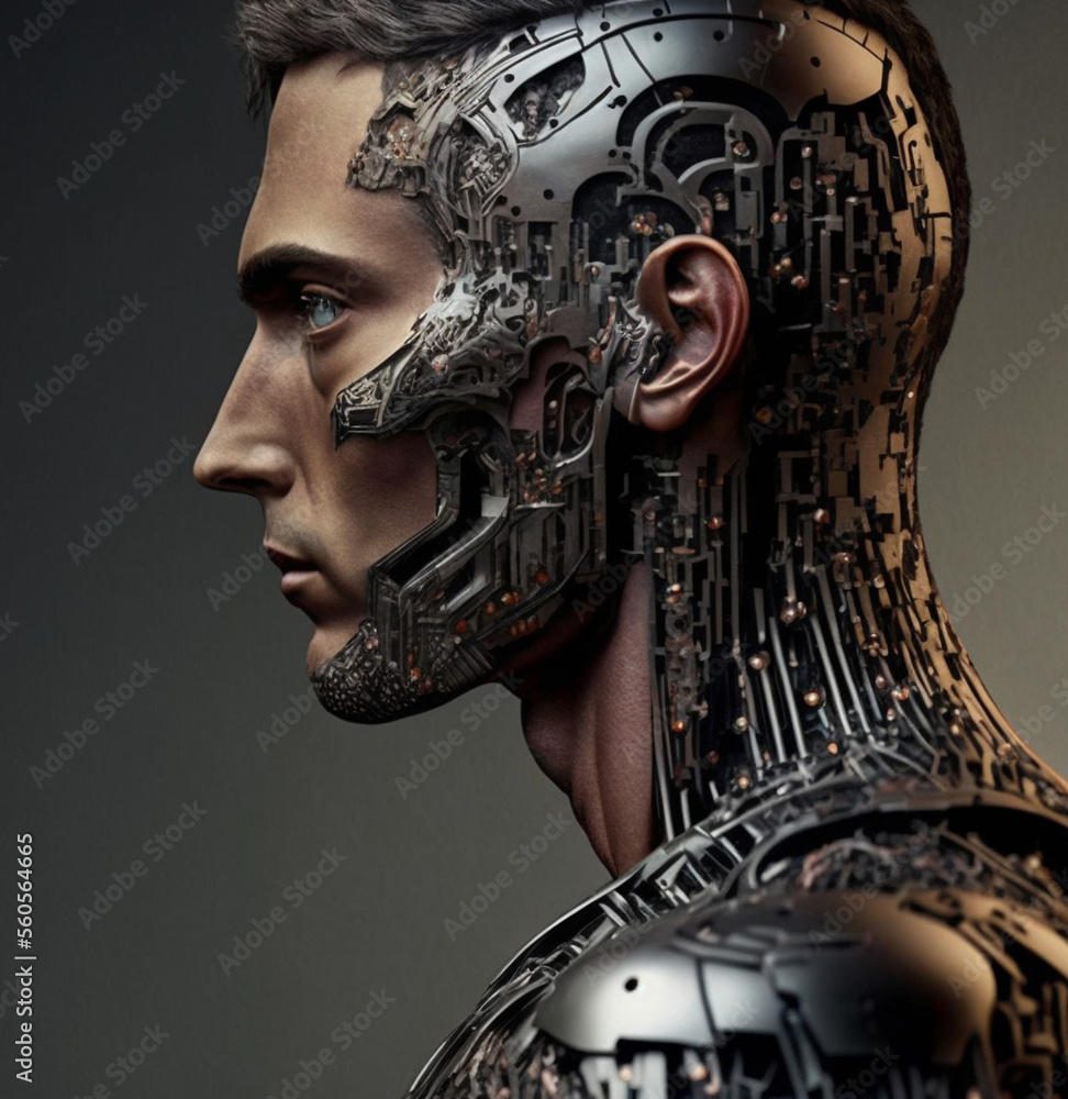 a young attractive man as half-robot or a humanoid android with ...