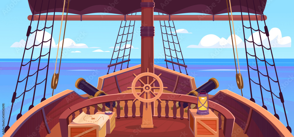 Ship deck view with a steering wheel, canons, and a mast with black ...