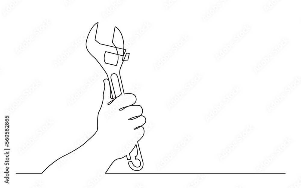 continuous line drawing hand holding adjustable wrench spanner - PNG ...