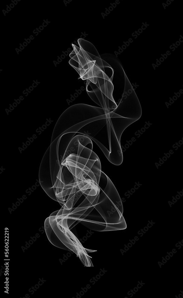 Abstract white puffs of smoke swirls overlay on black background ...