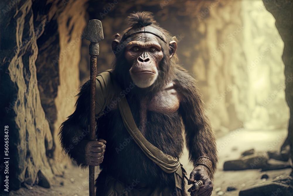 Monkey man, primate, upright walker, Stone Age hunter armed with stone ...