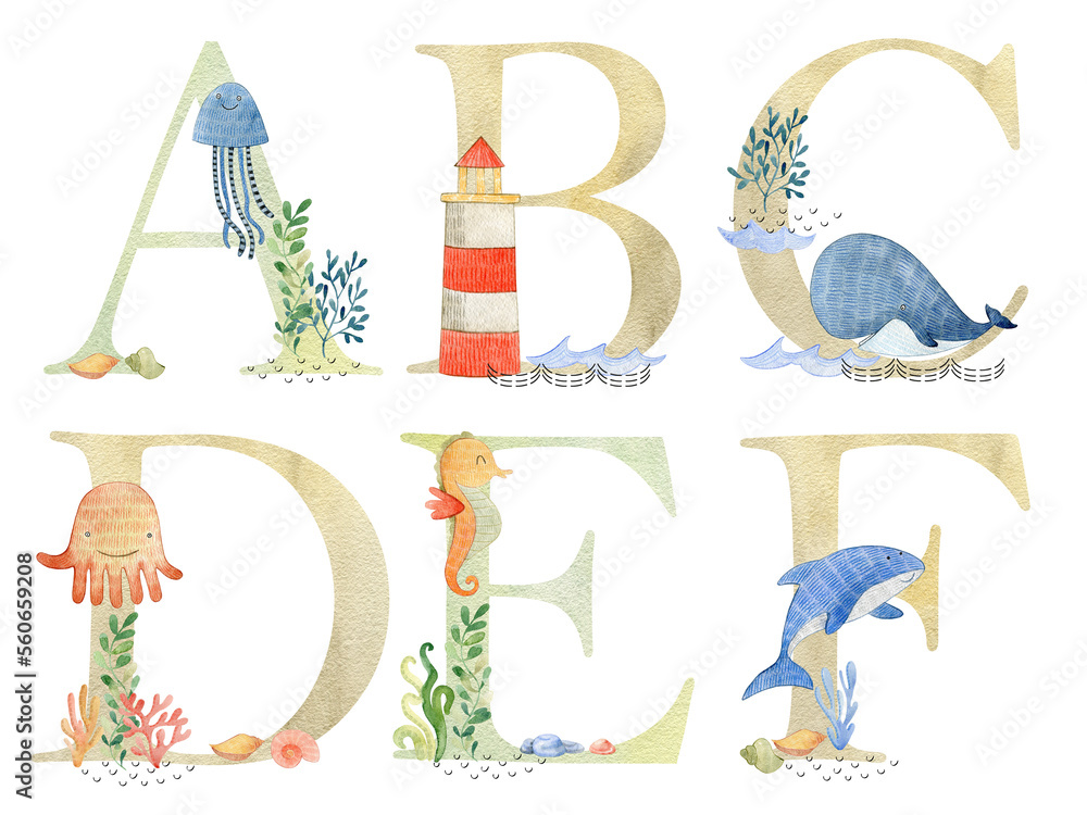 Watercolor sea animals letters for invitation card, nursery poster and ...