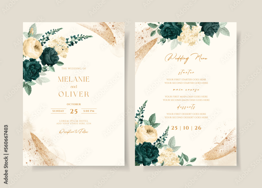 Wedding invitation template set with emerald green floral and leaves ...
