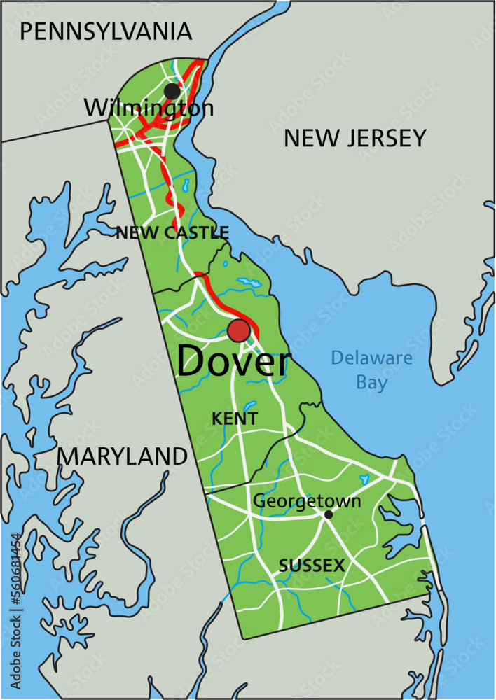 High detailed Delaware physical map with labeling. Stock Vector | Adobe ...