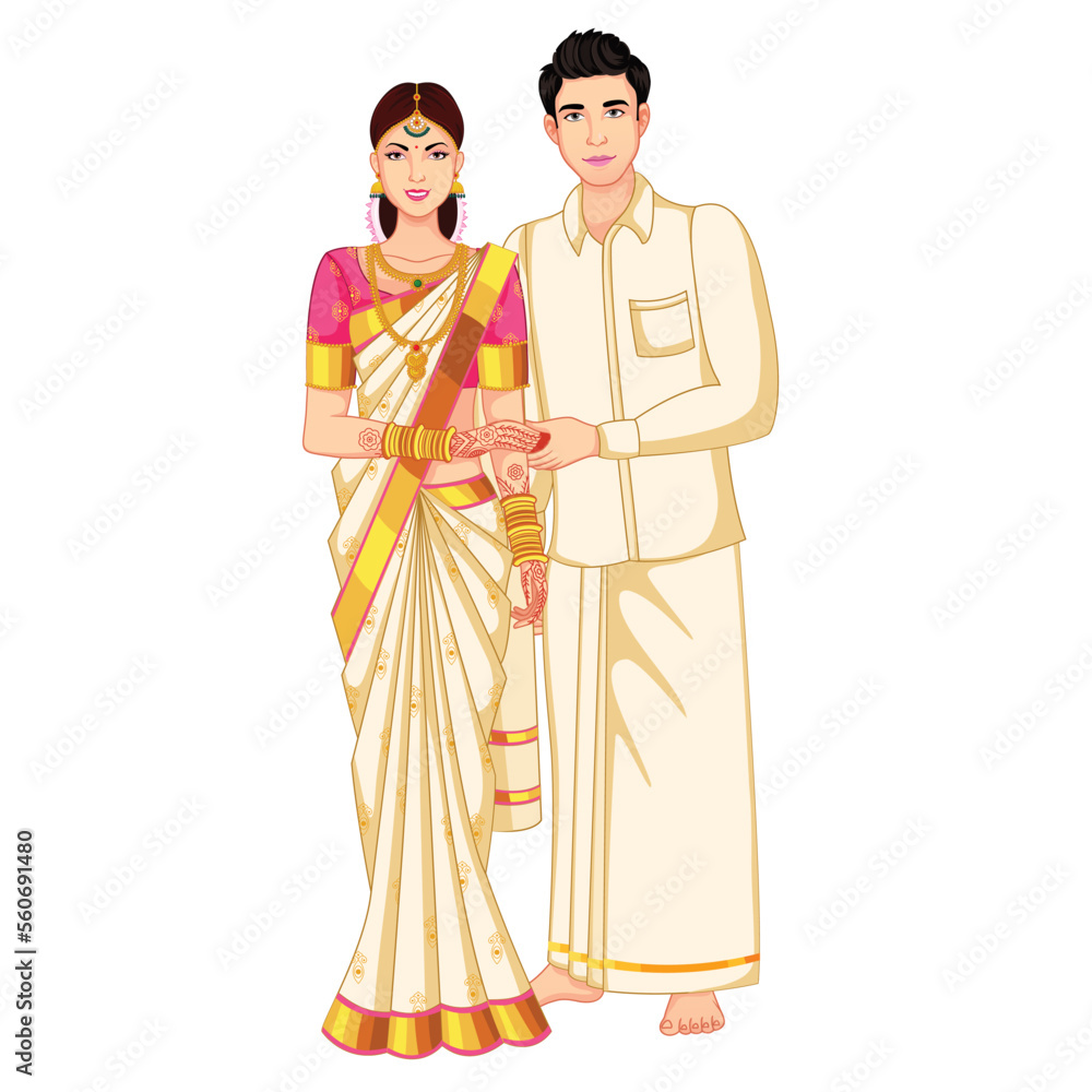 South Indian Wedding Couple Standing wearing Silk Saree and veshti ...
