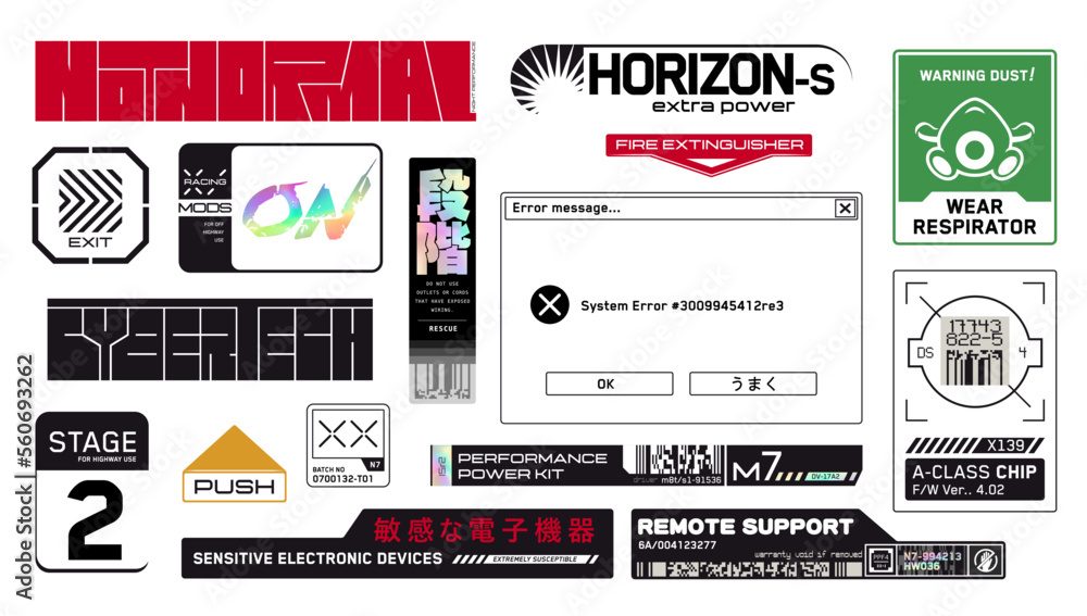 Cyberpunk decals set. Set of vector stickers and labels in futuristic ...