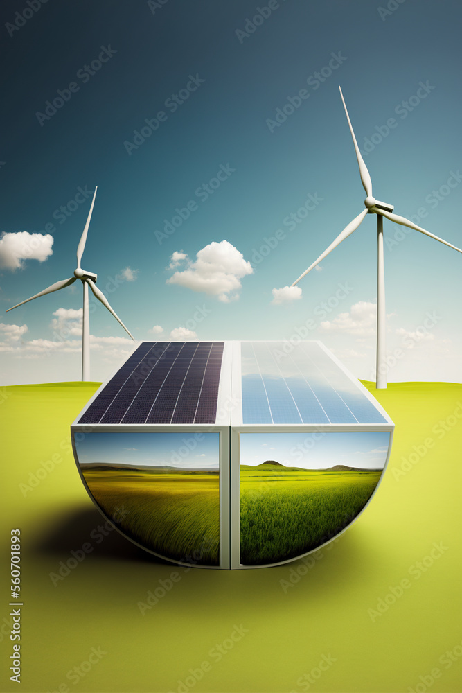 renewable energy background with green energy as wind turbines and solar panels. generative ai ...