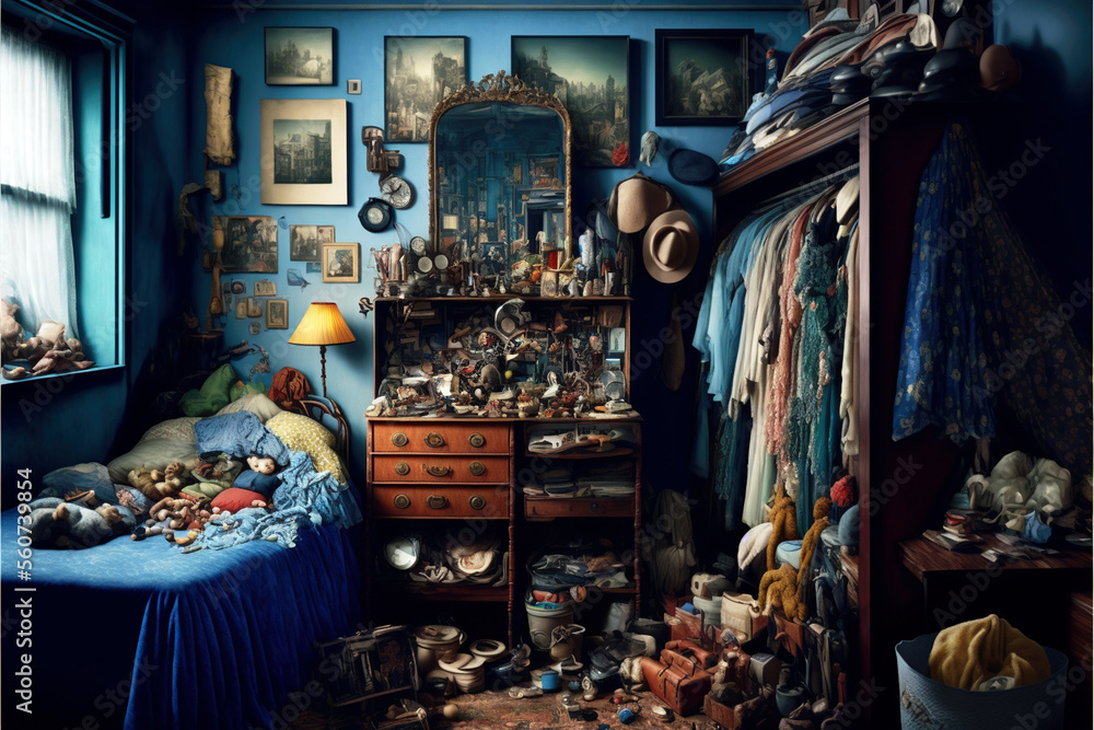 Hoarder bedroom packed with piles of clothes and household items ...