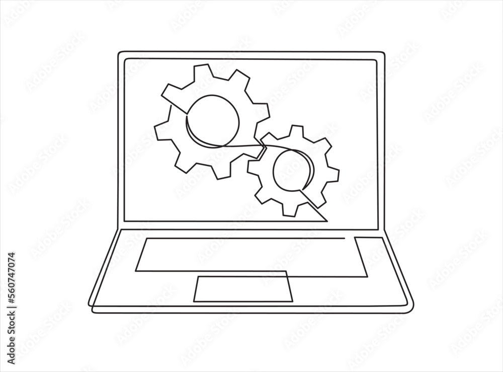 continuous one single line drawing of laptop and gears, Adjusting app ...