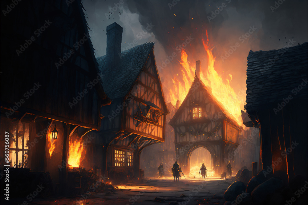 Fantasy Village Town on Fire Concept Art Stock Illustration | Adobe Stock