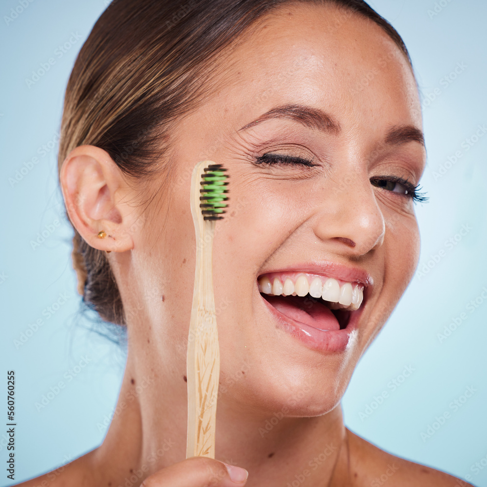 Brushing teeth, dental and woman with toothbrush, wink and beauty, oral ...
