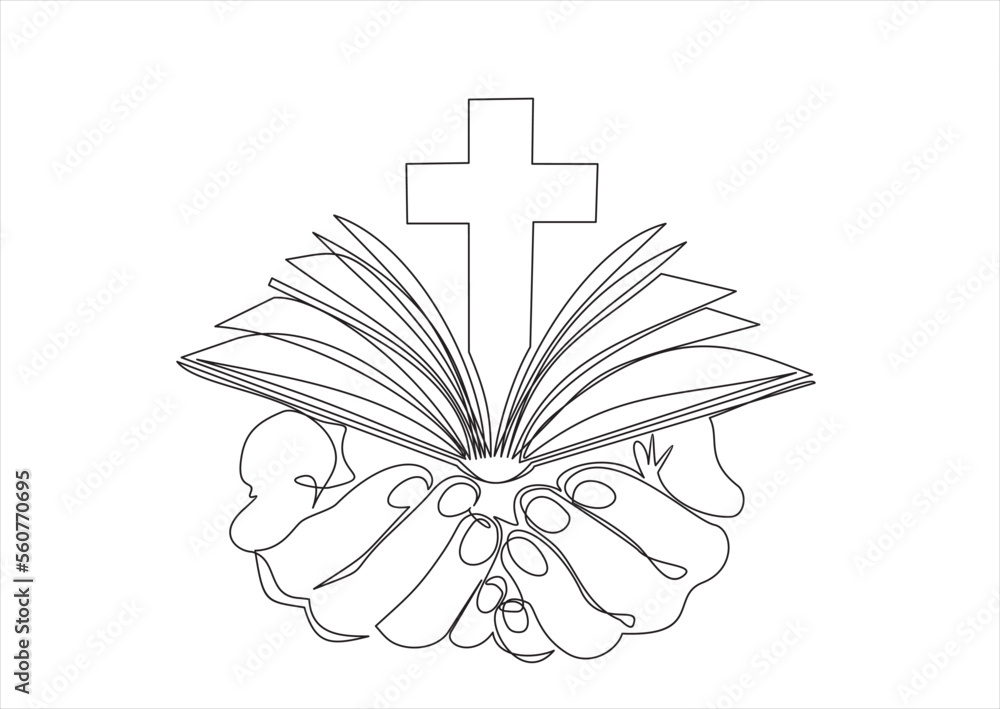Continuous single one line drawing of hands hold open book with cross ...