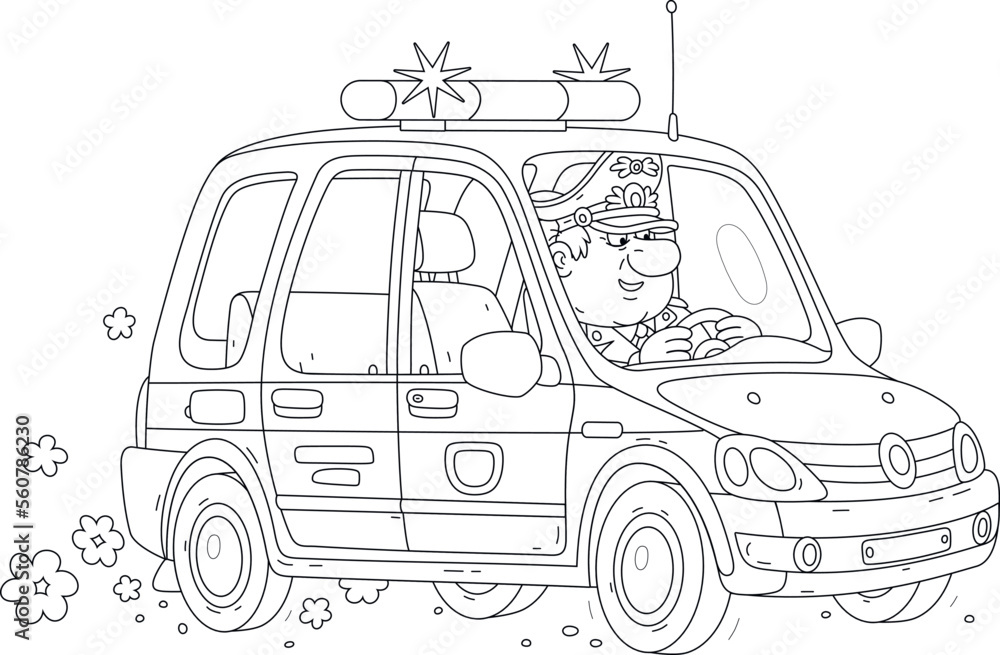 Traffic policeman driving a police car while patrolling on a highway ...