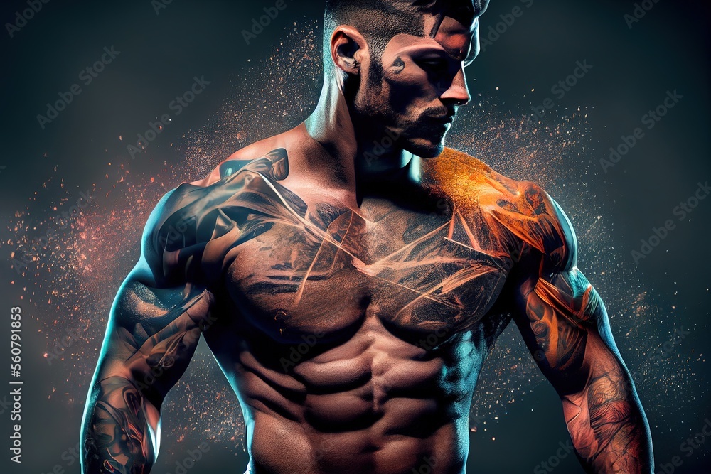 double exposure photo realistic illustration of well trained crossfit ...