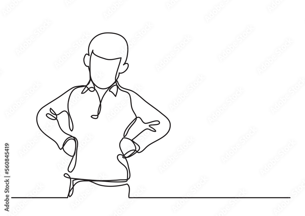 continuous line drawing angry boy with arms on hips - PNG image with ...