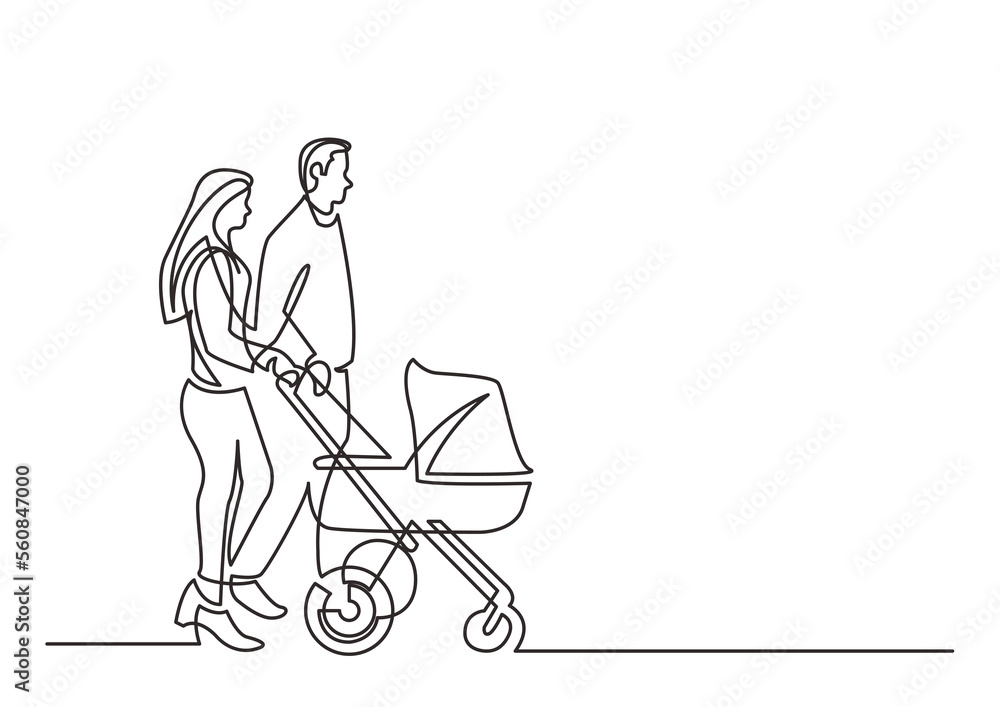 continuous line drawing young family walking with baby stroller - PNG ...