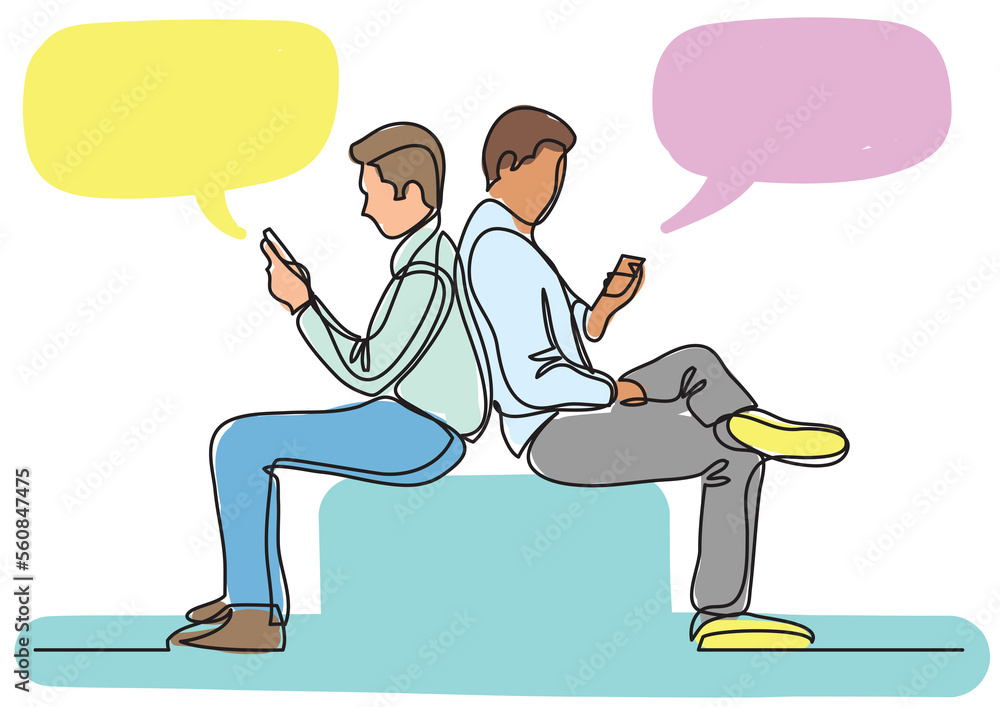 single line drawing young men browising cell phones colored colored ...