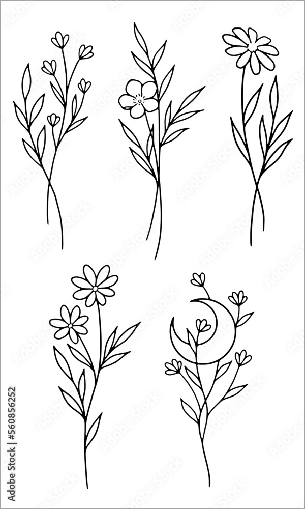 Stem flowers black and white outline floral moon vector lineart SVG ...
